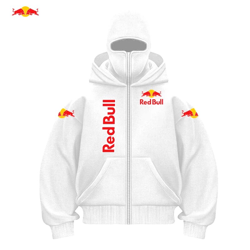 Мужская толстовка на молнии с логотипом RedBull, зимняя теплая повседневная толстовка с маской для лица с капюшоном, дизайн на молнии, спортивная куртка для активного отдыха