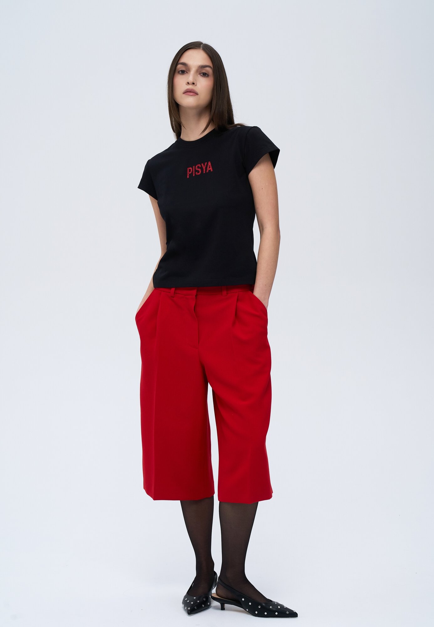 Брюки кюлоты женские, красные, на низкой талии