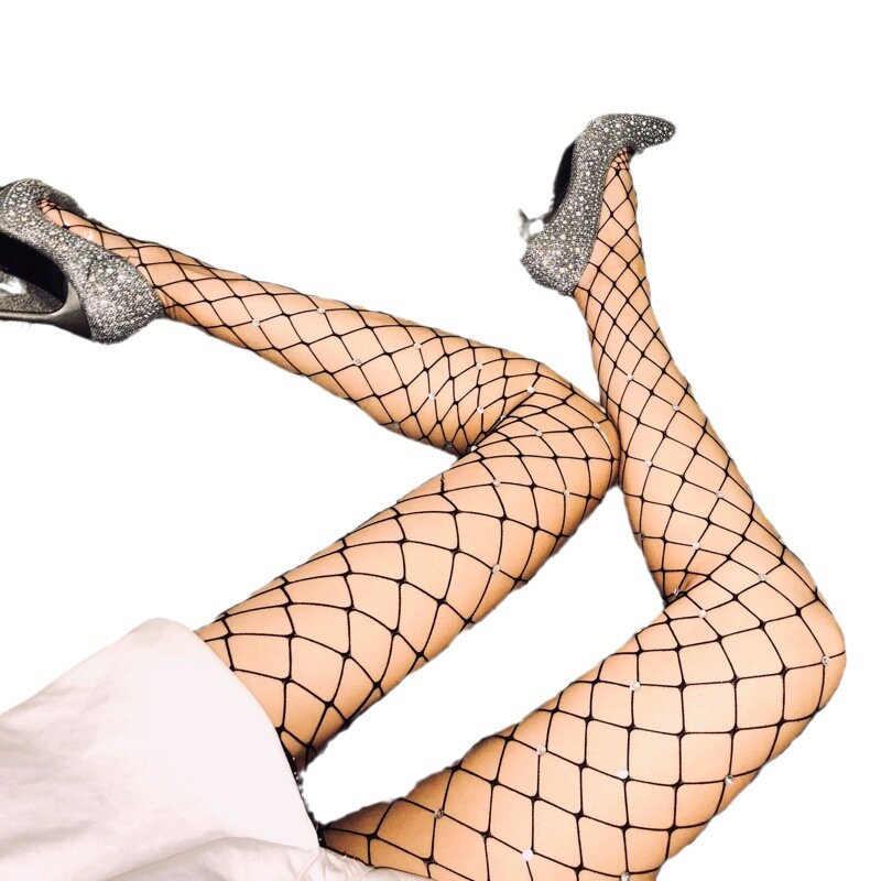 Колготки Amazon, с точечным сверлением, ручная работа, со стразами, в крупную сетку, черные