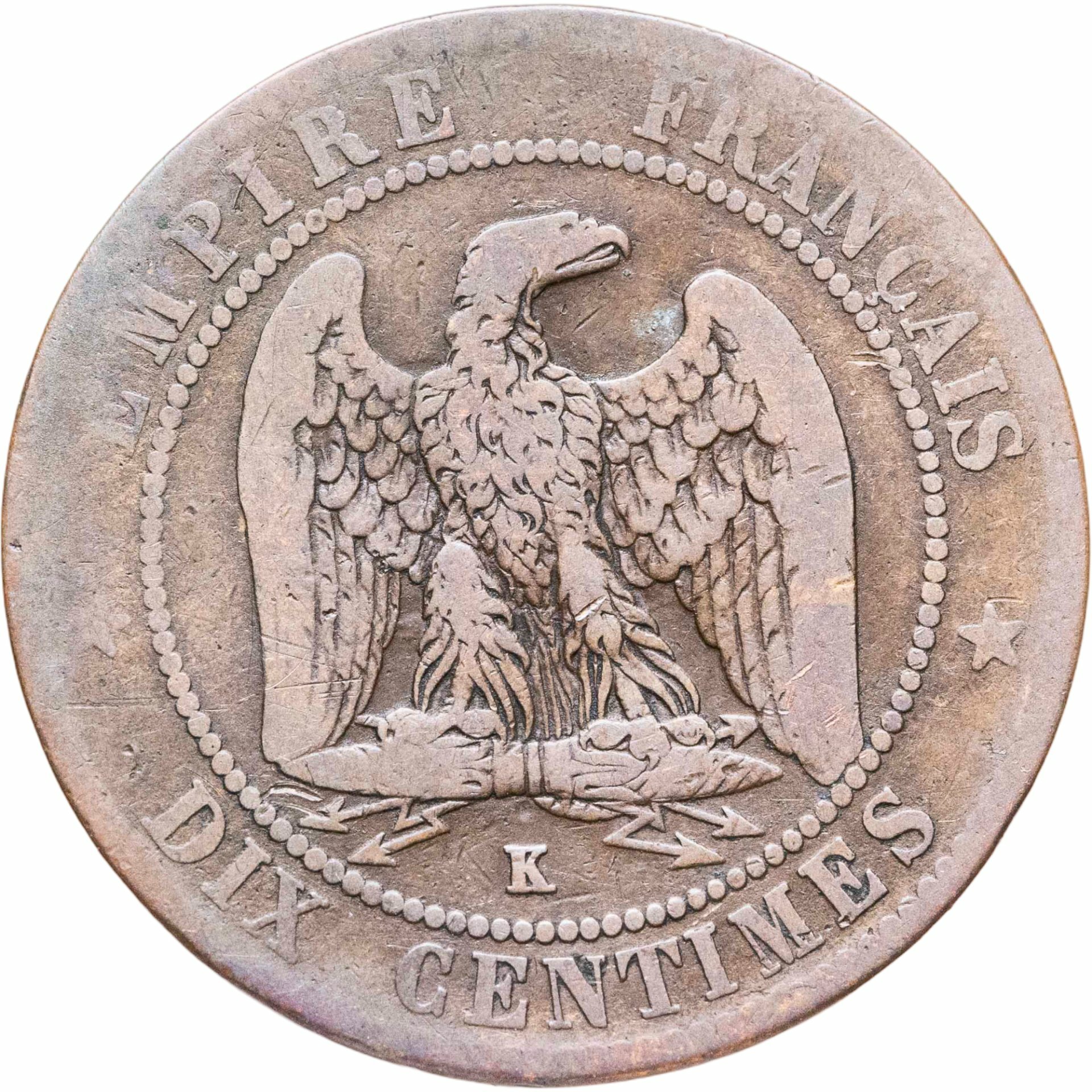 Франция 10 сантимов centimes 1863 K знак монетного двора: "K" - Бордо, Бронза, в сохранности F