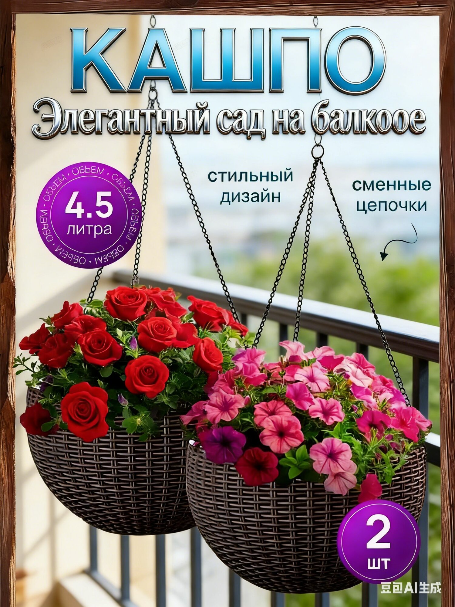 Подвесное кашпо с автополивом / Вместимость 4.5 литра, стильный дизайн, сменные цепочки / Для балкона, террасы или интерьера в скандинавском стиле