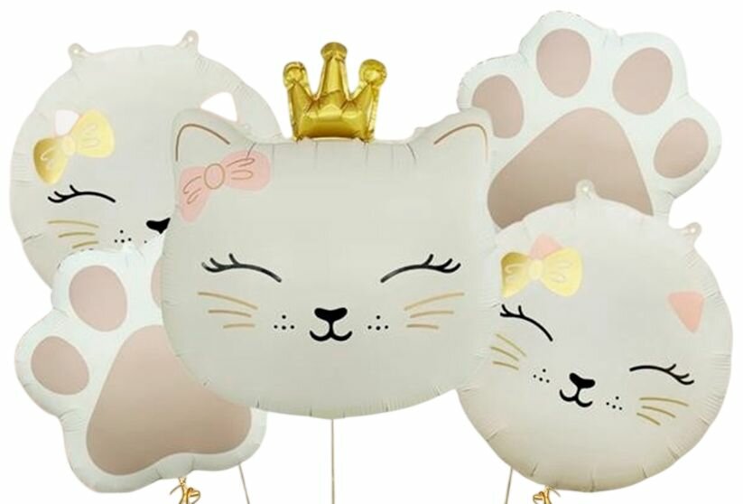 Набор воздушных шаров-фигур фольгированных "Кошечка с короной" 24", 21" и 18", под воздух и гелий, надувной воздушный шарик из фольги, большой шар для фотозоны на праздник и день рождения, 5 шт.
