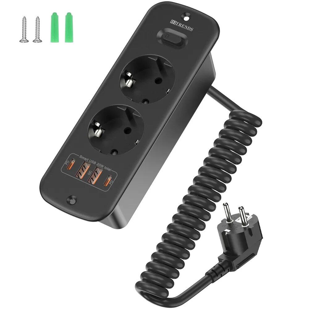 HITRENDS Встраиваемый удлинитель с 2 розетками и 2 USB + 2 Type-C (быстрая зарядка, пружинный кабель 2 м), встроенный монтаж, защита от перегрузки, 4000W 16A 250V, огнестойкий