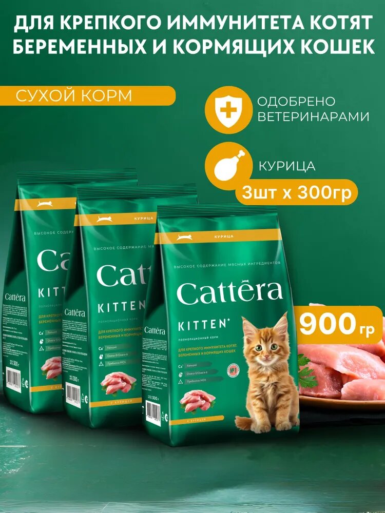 Корм для кошек сухой CATTERA полнорационный для котят с 1 месяца, беременных и кормящих кошек с курицей, 300 гр, 3 шт.