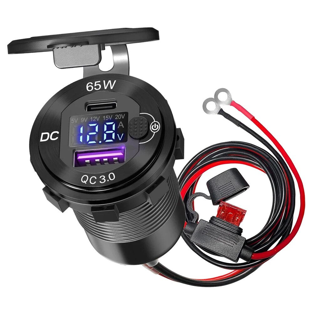 Автомобильная USB розетка 65W QC3.0, 12.8V, Blue-16AWG-wire-83W