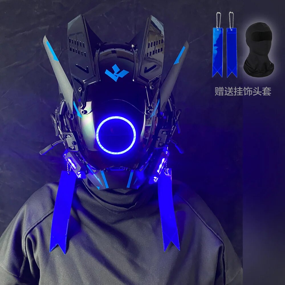 Киберпанк маска самурая с LED подсветкой, синяя