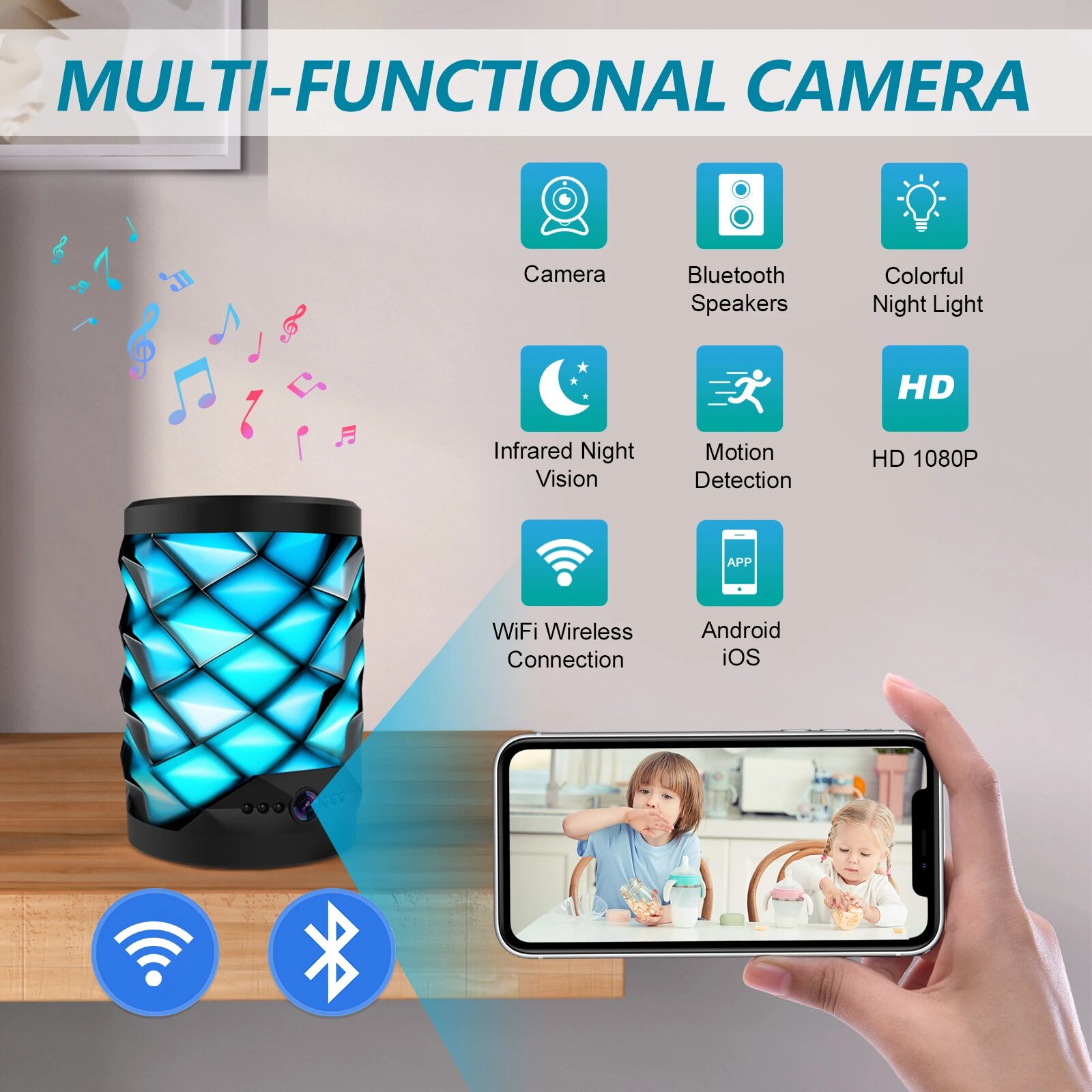 1080P HD Мини-камера с Wi-Fi и блютуз-колонкой для домашней безопасности системы наблюдения с двусторонней связью, ночным видением и цветными огнями-