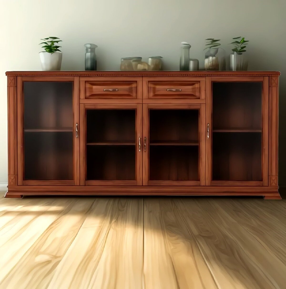 Комод - витрина из сосны ммк-древ Верди 107 (стекло), 200x45x90 дуб 2