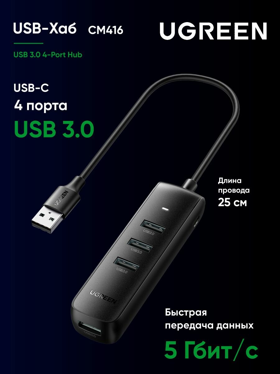 Хаб UGREEN CM416 (10915) USB 3.0 4-Port Hub. Длина провода: 25 см. Цвет: черный