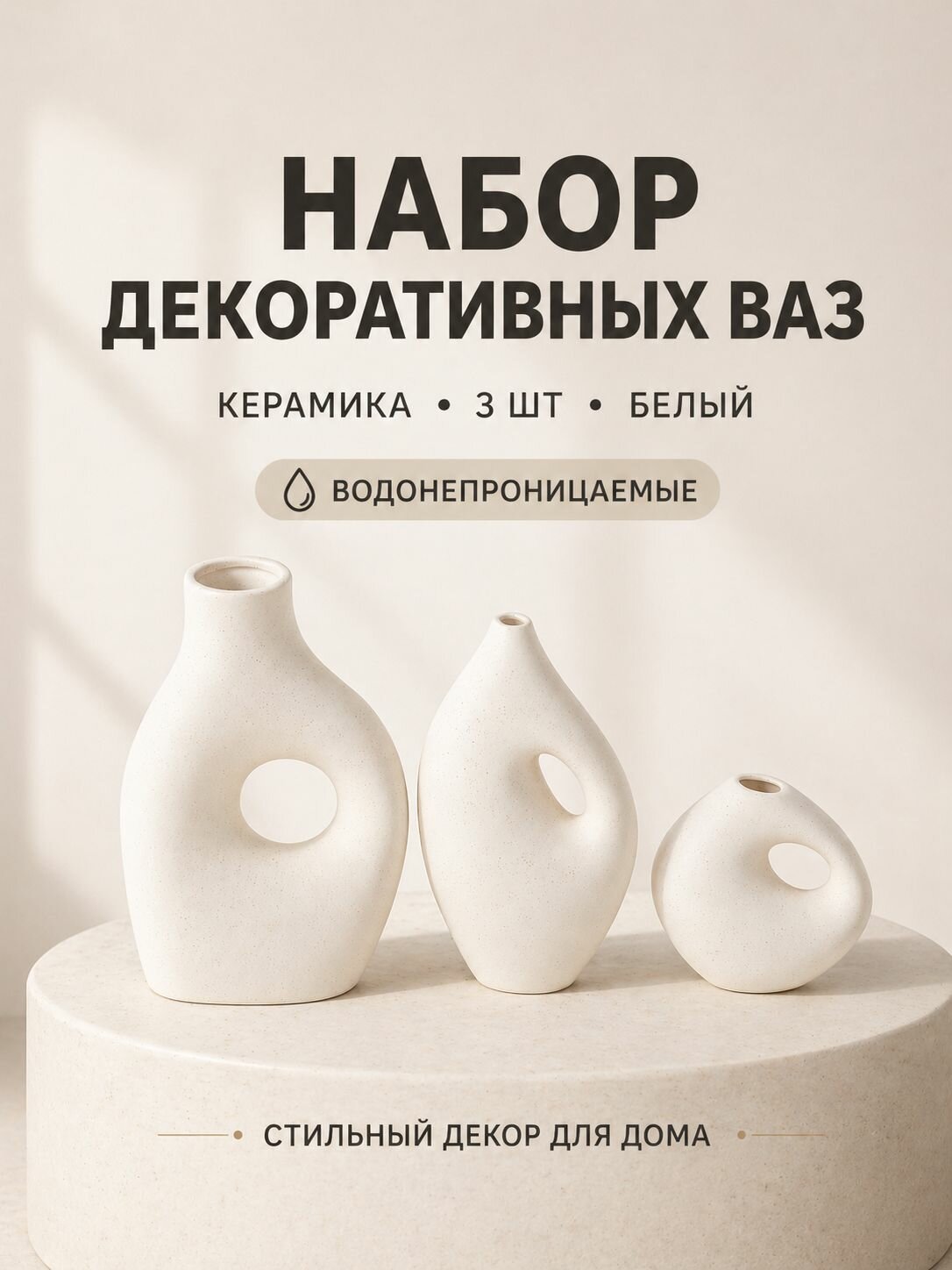 Набор керамических ваз 3 шт белые для интерьера