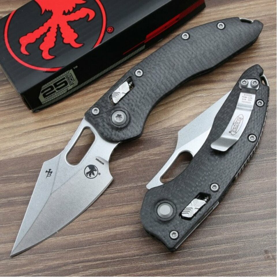 Высококачественный складной карманный нож Microtech Stitch-ramloc с лезвием M390MK и рукоятью из углеродного волокна, инструмент для активного отдыха, кемпинга и походов.