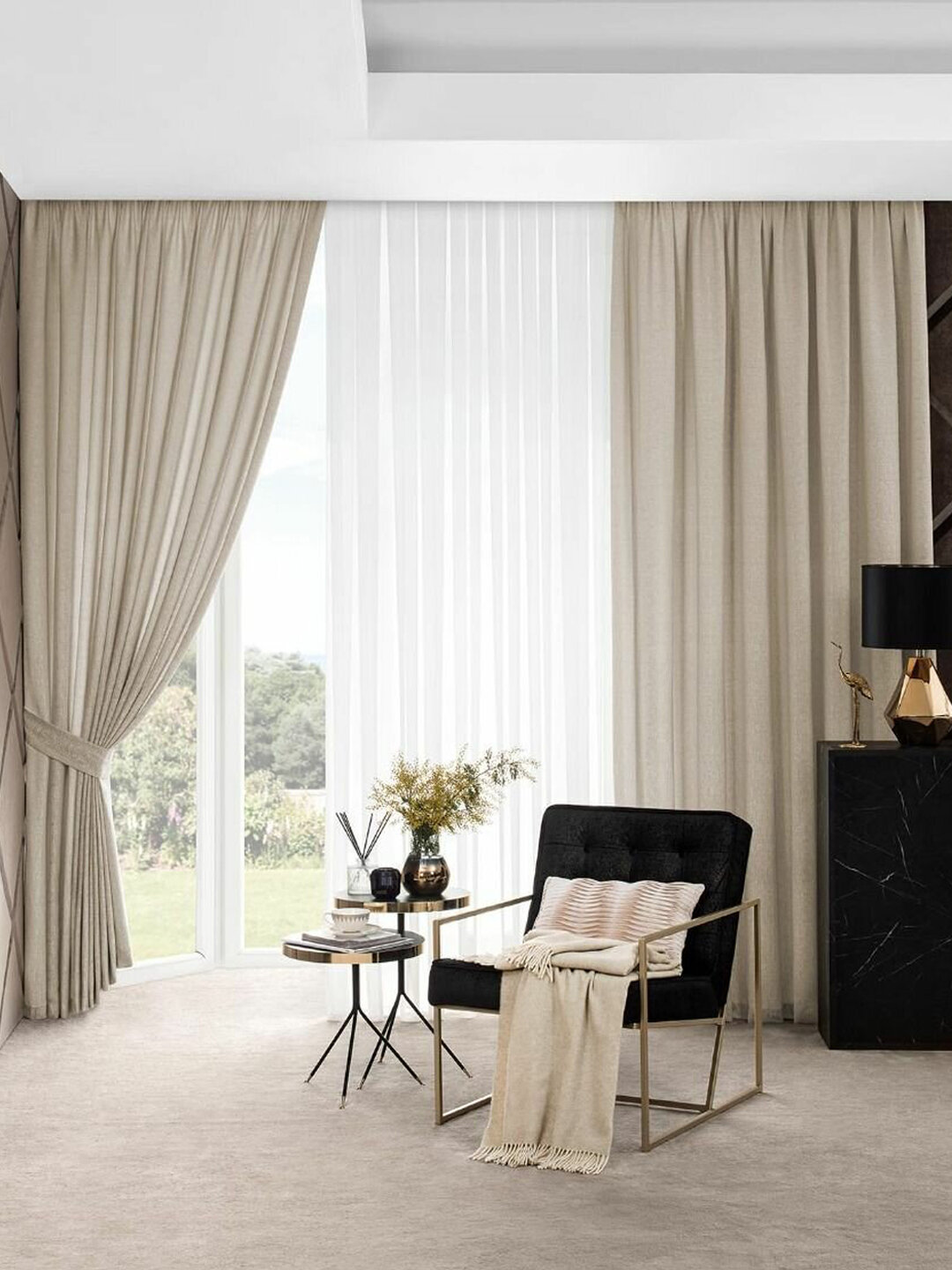 Togas Шторы для комнаты комплект с подхватами "Атилио" жаккард, 300 высота на 260 ширина - 2 шт, подхваты - 2 шт, экрю