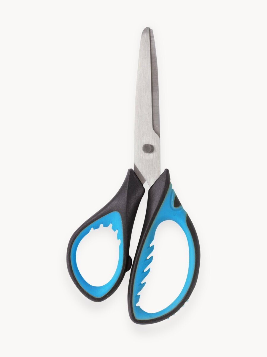 Ножницы канцелярские детские для детей для бумаги и картона в школу Юнландия "Basic", 155 мм, ребристые резиновые вставки, черно-голубые, 236991