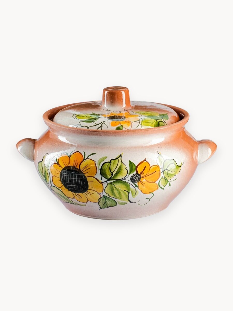 Жаровня Кунгурская керамика "Подсолнух", керамика, 3л, круглая, коричневая