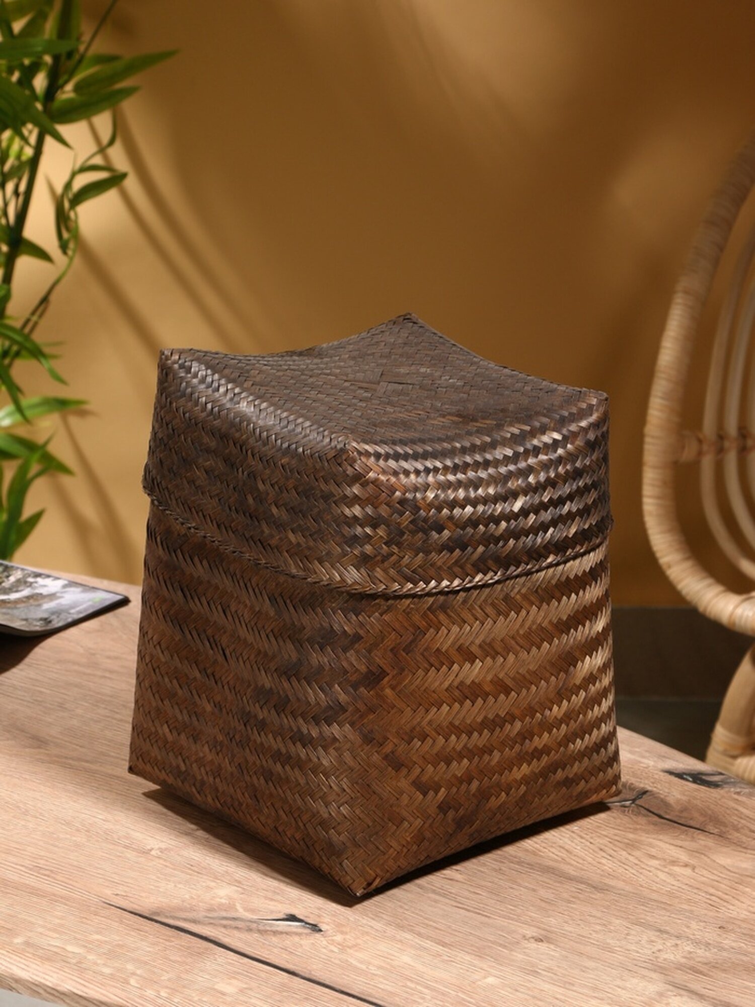 Корзина плетёная Сима-ленд «Рино», бамбук, квадратная, 25x25x28 см, коричневая