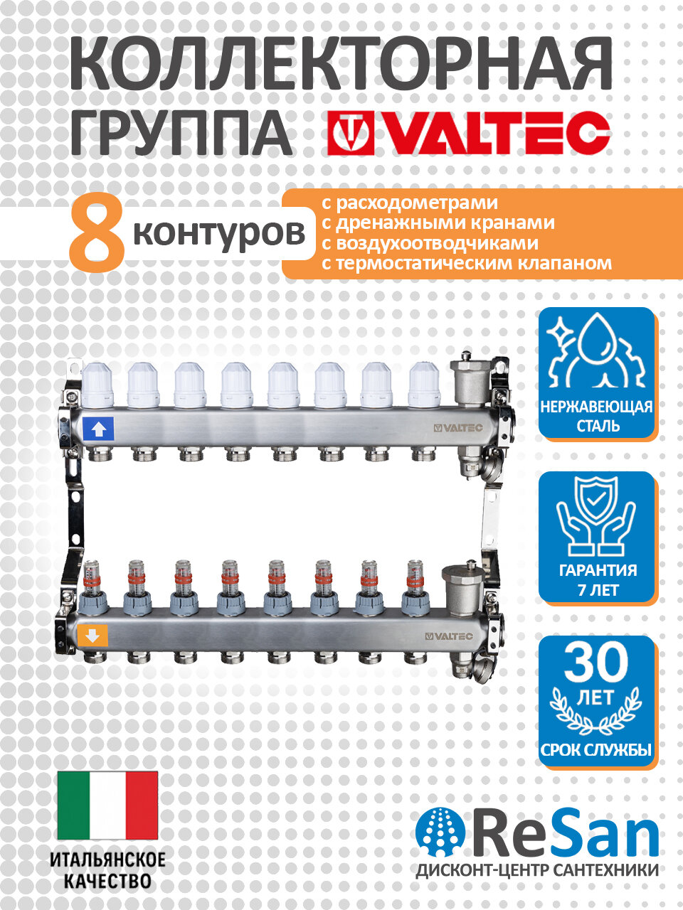 Коллекторная группа нержавеющая сталь со встроенными расходомерами в сборе 1х 8 выходов 3/4 ЕК VTm VTc.579. EMNX.0608