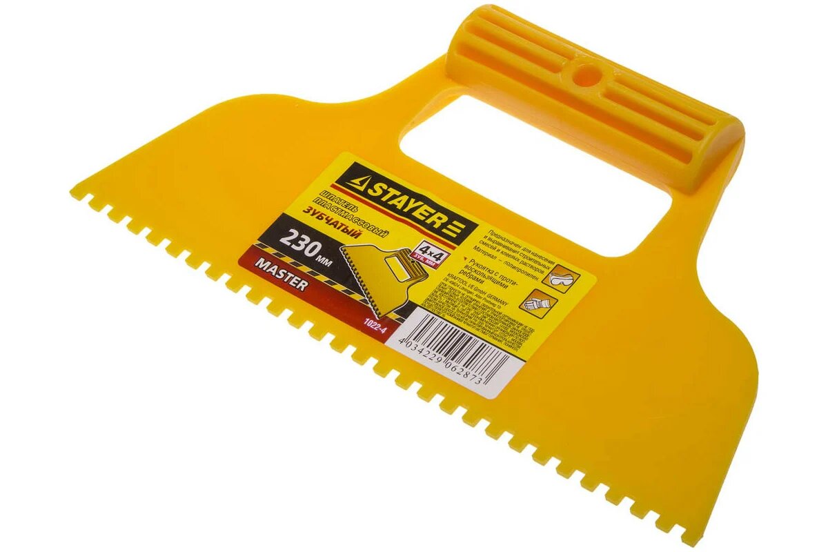 STAYER Шпатель пластмассовый зубчатый 4x4 мм, длина 230 мм, код 1022-4 для отделки стен