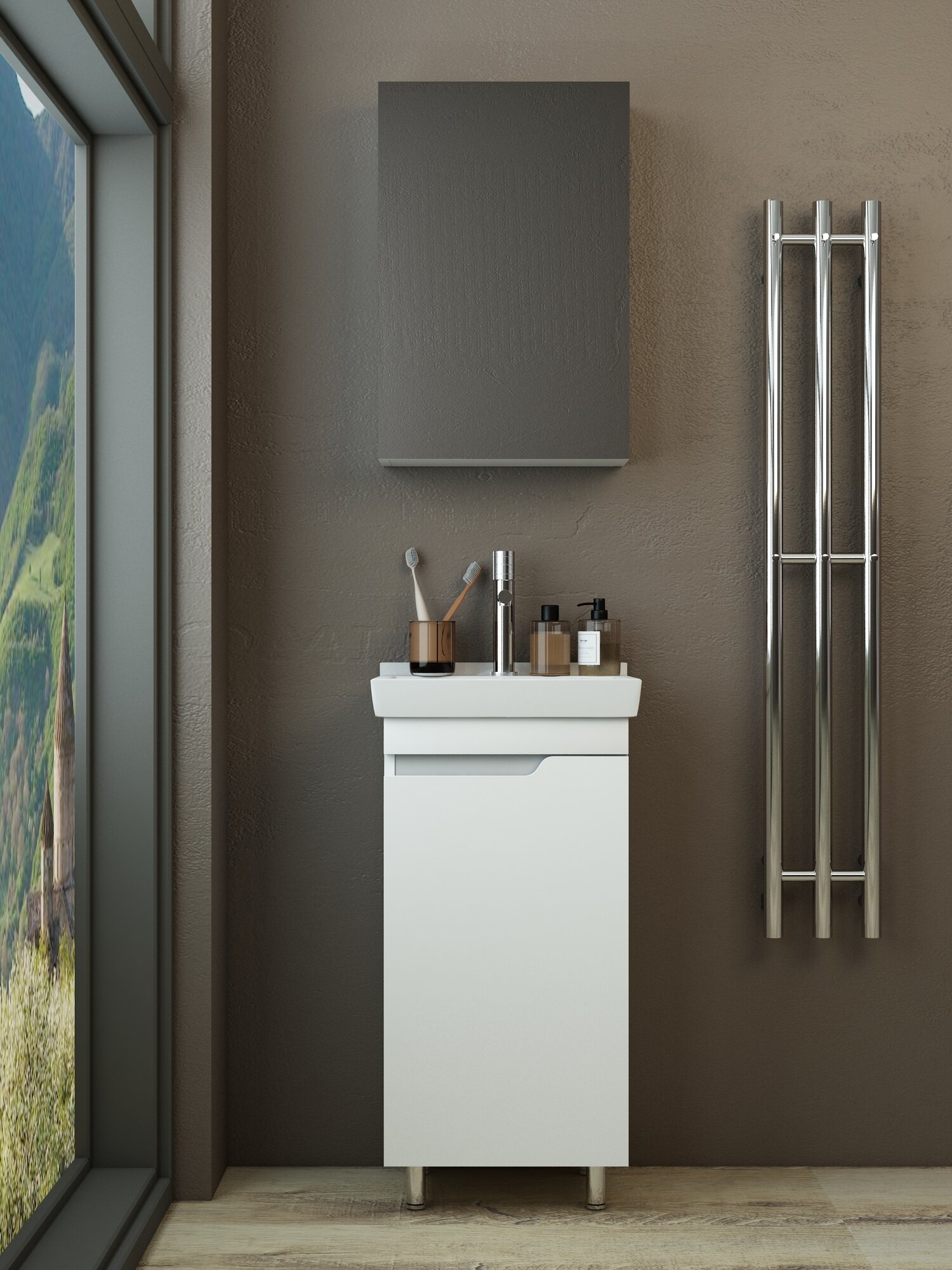 Тумба напольная EMMY Агата 40 с раковиной Визит 40 (Santeri), без ручек, на ножках, ЛДСП, белая