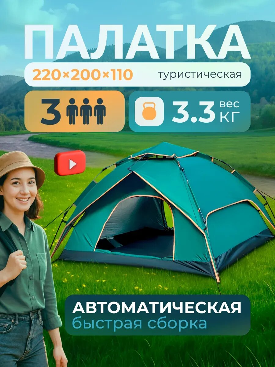 Палатка "2065", 3-местная, автоматическая установка, штормовые оттяжки