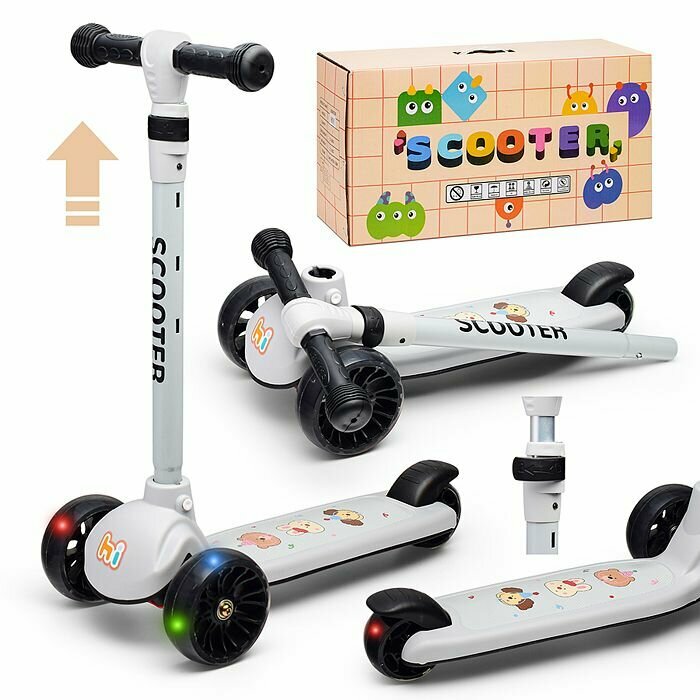 Самокат детский Oubaoloon 3-х колесный, PU, цвет белый, съёмная рулевая стойка