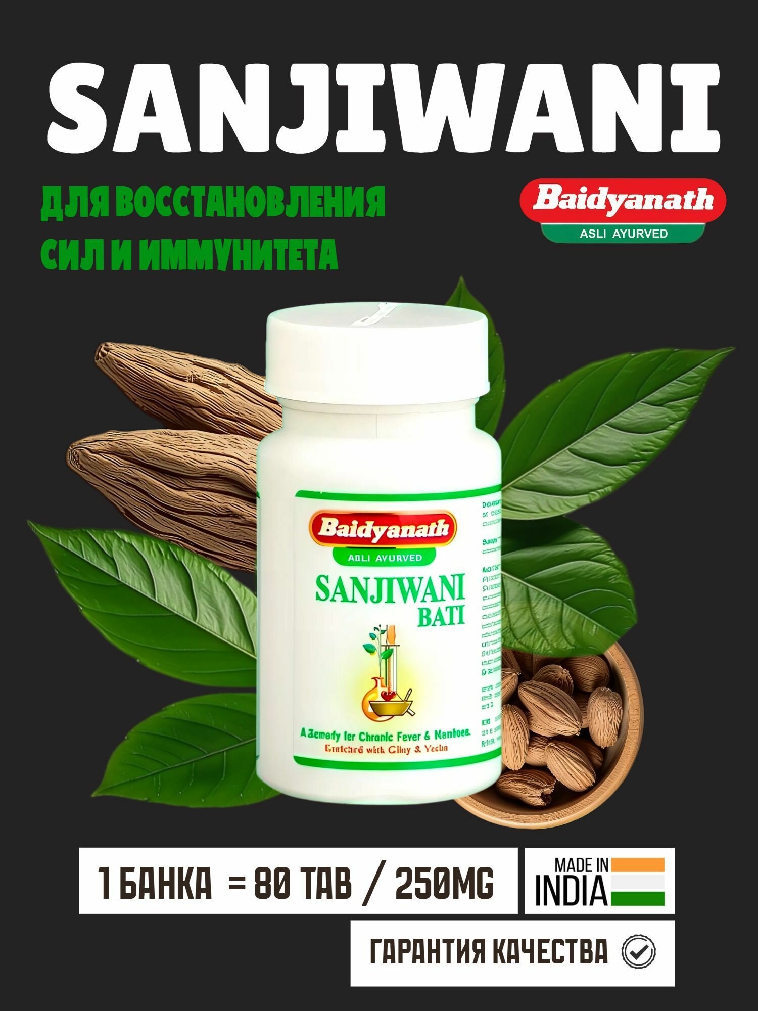 Сандживани Бати (Sanjivani Bati) комплексная пищевая добавка для восстановления сил и иммунитета, 80 таблеток