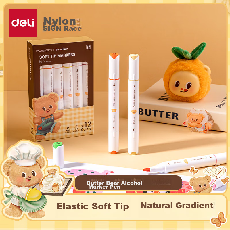 Deli 12-Color Nusas Yellow Butter Bear Alcohol-Based Soft-Tip Markers, Nusas Art Supplies Series, Watercolor Pens, Anime Markers, Children's Birthday Gift, NS736-B Art Sketching
