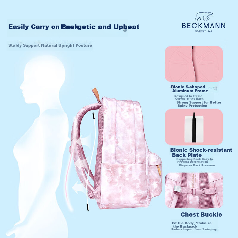 Beckmann Norwegian School Backpack for Middle And High School Students, Spine Protection, Pressure Relief, Large Capacity, Stylish Design, Suitable for Boys And Girls, Grades 6-9