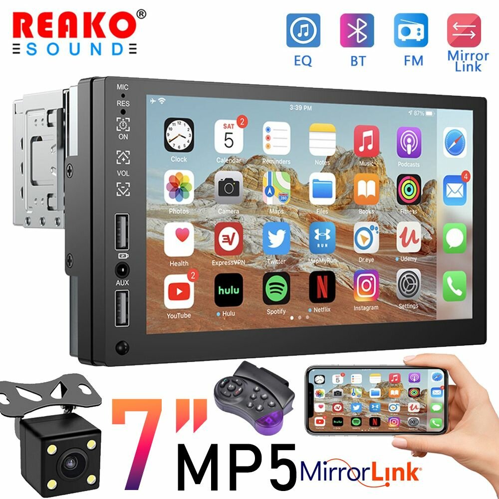 Автомагнитола магнитола MP5 1 din 7" дюймов + камера ( Bluetooth, USB, AUX, FM, Mirror Link, HD 1080p) с экраном