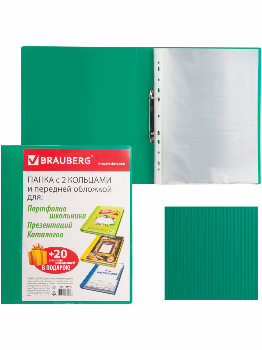 Папка для детского портфолио в школу, для презентаций, 2 кольца, 20 файлов, зеленая, пластик, Brauberg, 126677