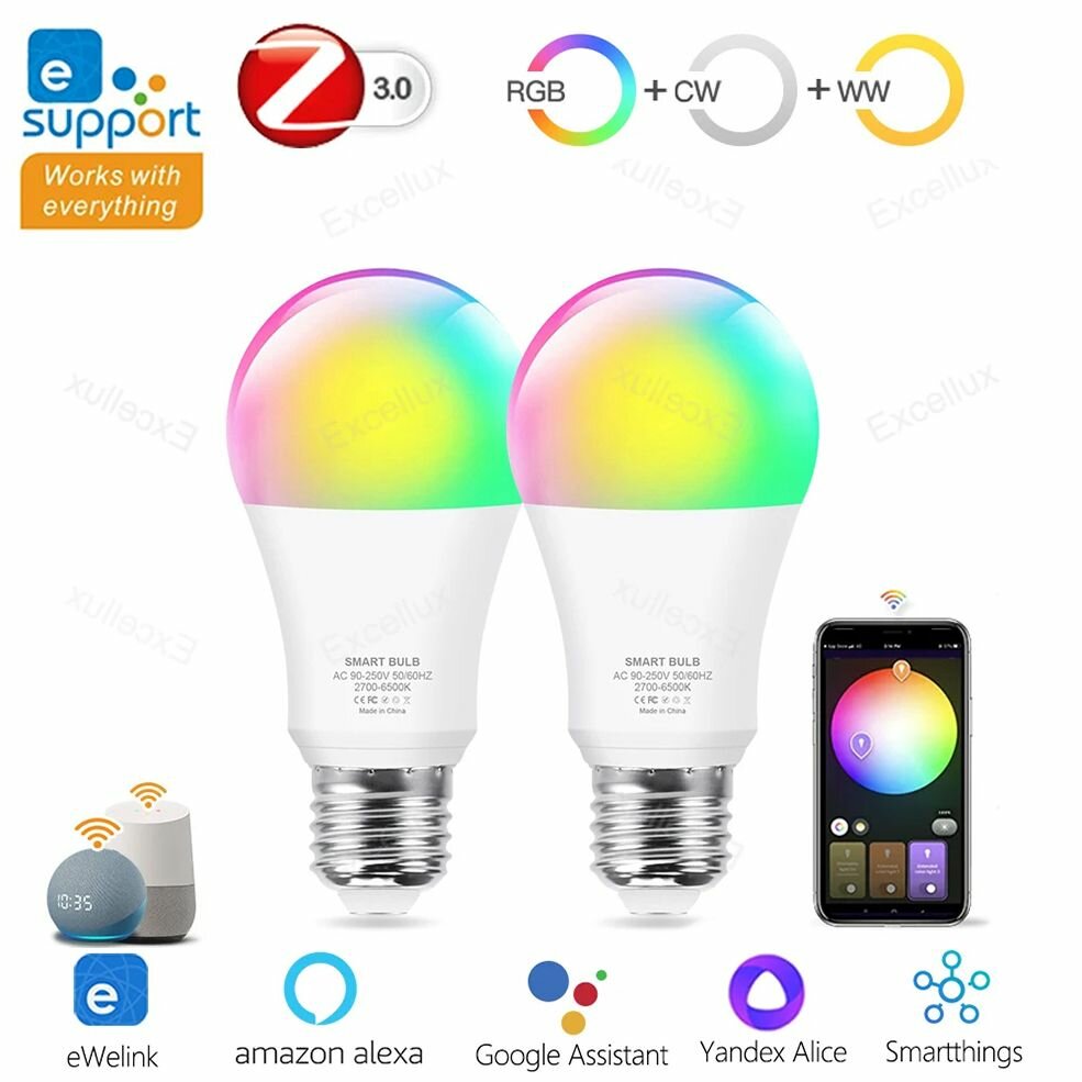 Умная светодиодная лампочка E27 RGB Zigbee, 15 Вт, Smart LED Bulb, RGB свет, 2 шт