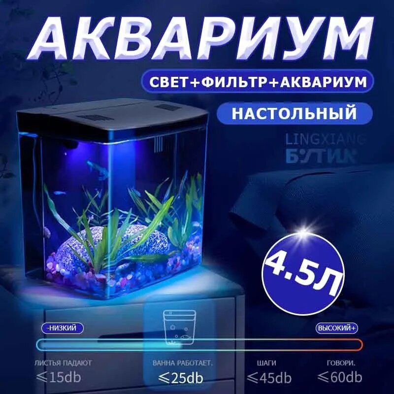 Аквариум настольный прямоугольный 4.5л с фильтром и подсветкой для рыб и креветок