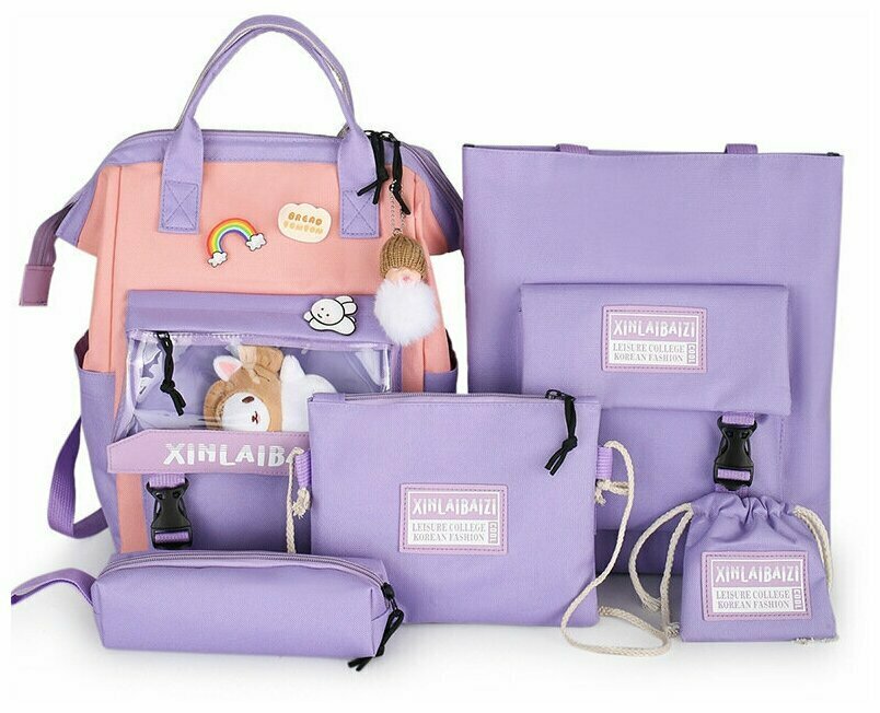 Рюкзак, для девочек от 3 до 7 лет, 5 предметов, эргономичная спинка, фиолетовый