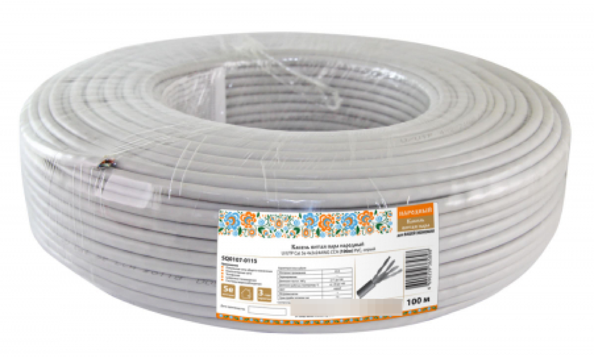 Кабель информационный TDM Electric / ТДМ Электрик Народный 24AWG, витая пара, омедненный CCA, серый, cat5e, 4 пары, 5мм, 100м / электрика