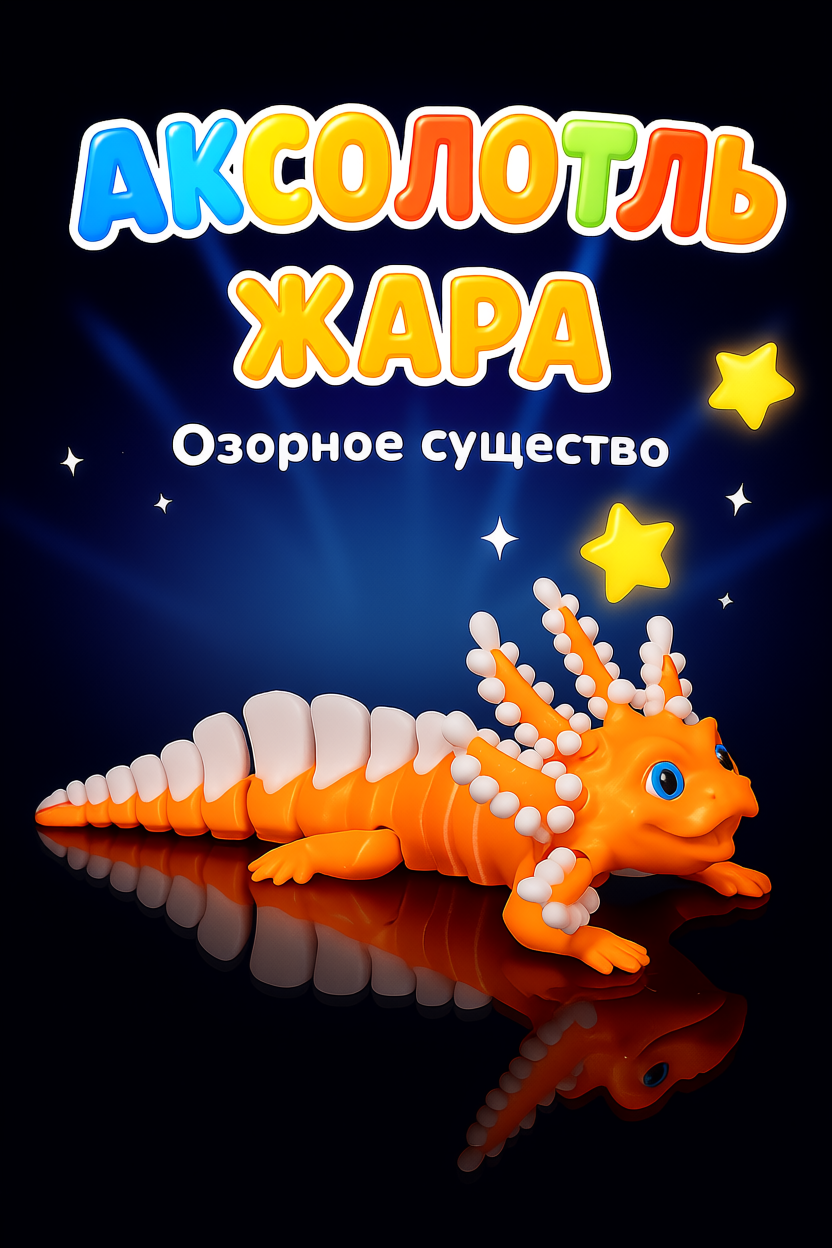 Гибкий 3D-печатный Аксолотль "Жара" – Яркая фигурка для игр
