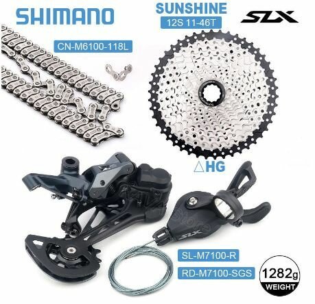 Групповой набор Shimano SLX M7100 12-скоростной для МТБ с переключателем RD-M7100, кассетой Sunshine 11-46T и цепью CN-M6100