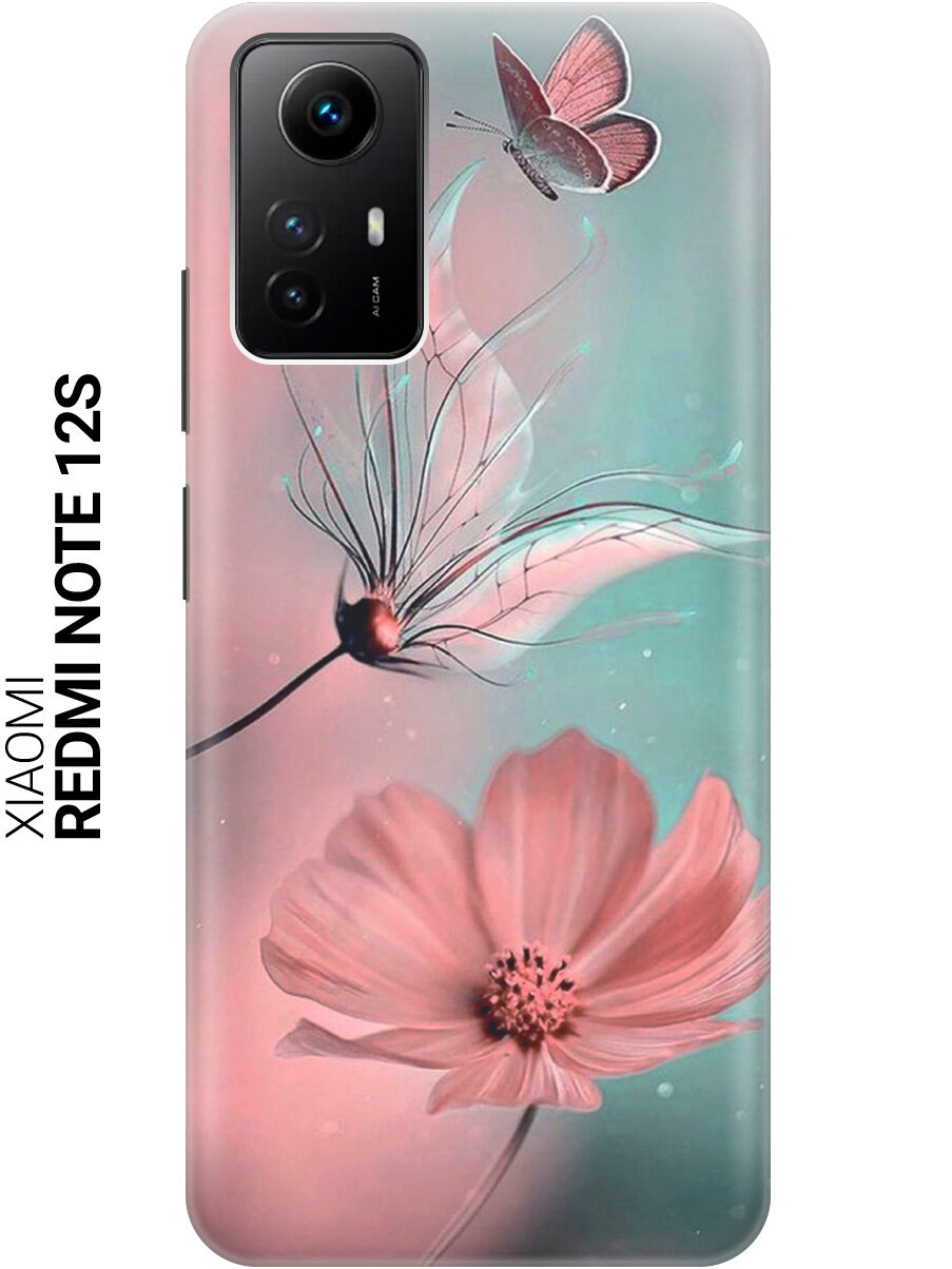 Силиконовый чехол на Xiaomi Redmi Note 12s с принтом "Бабочка и цветы"