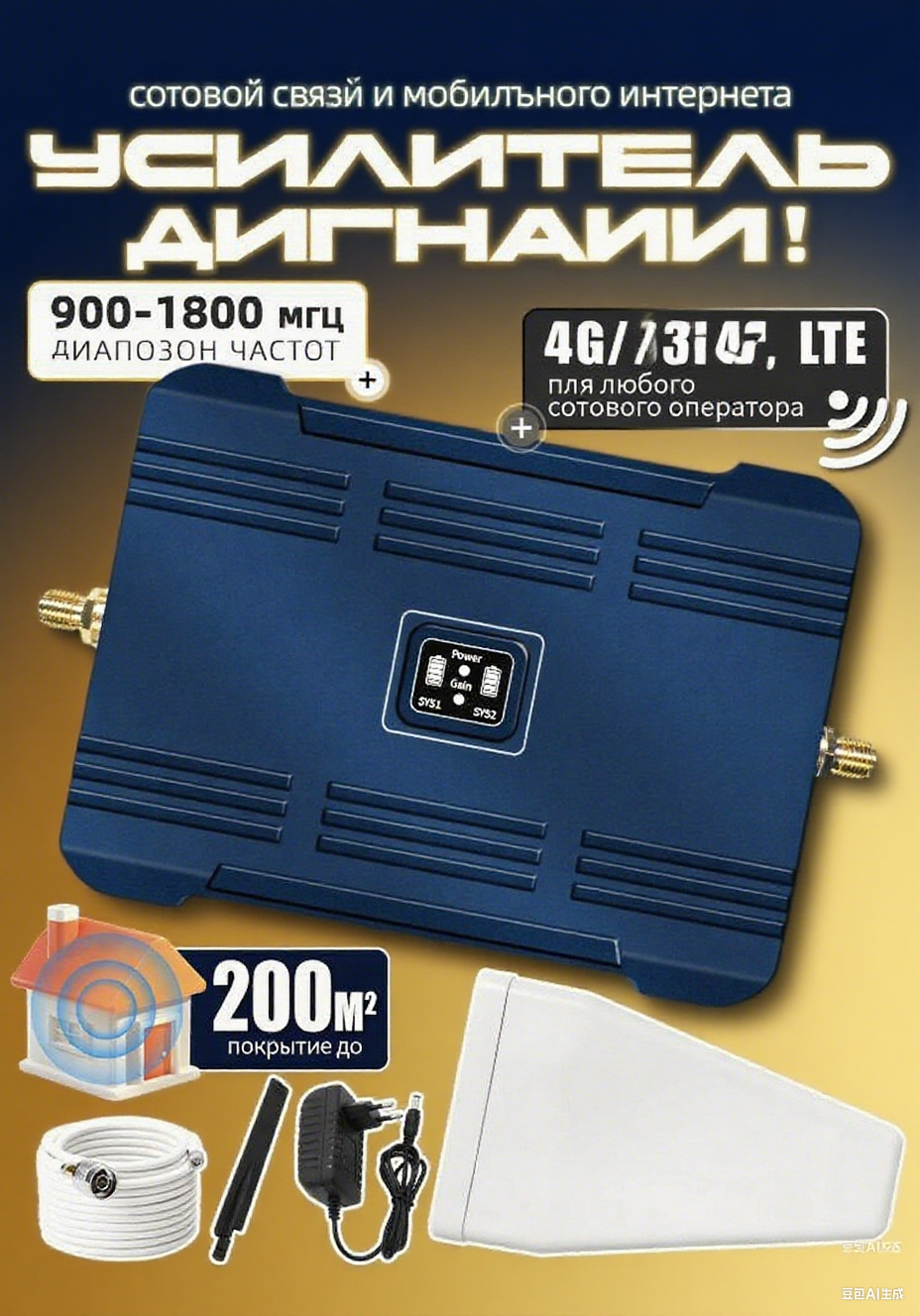 Усилитель связи 2G/3G/4G (900/1800 МГц), до 200 м², дальность 20 км