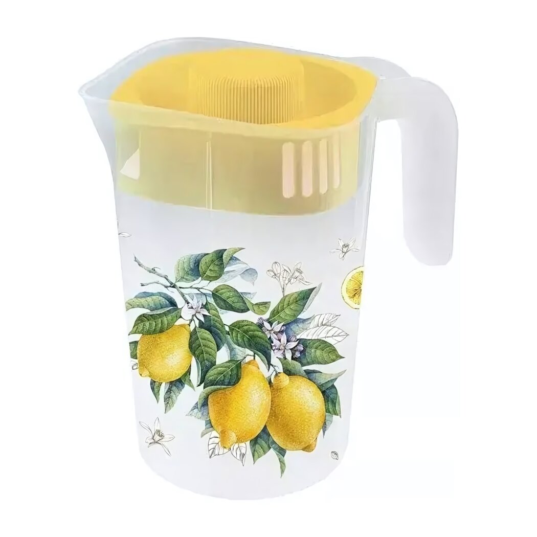 Кувшин пластиковый Fresh 2л с крышкой, декор лимоны, желтая крышка, для напитков