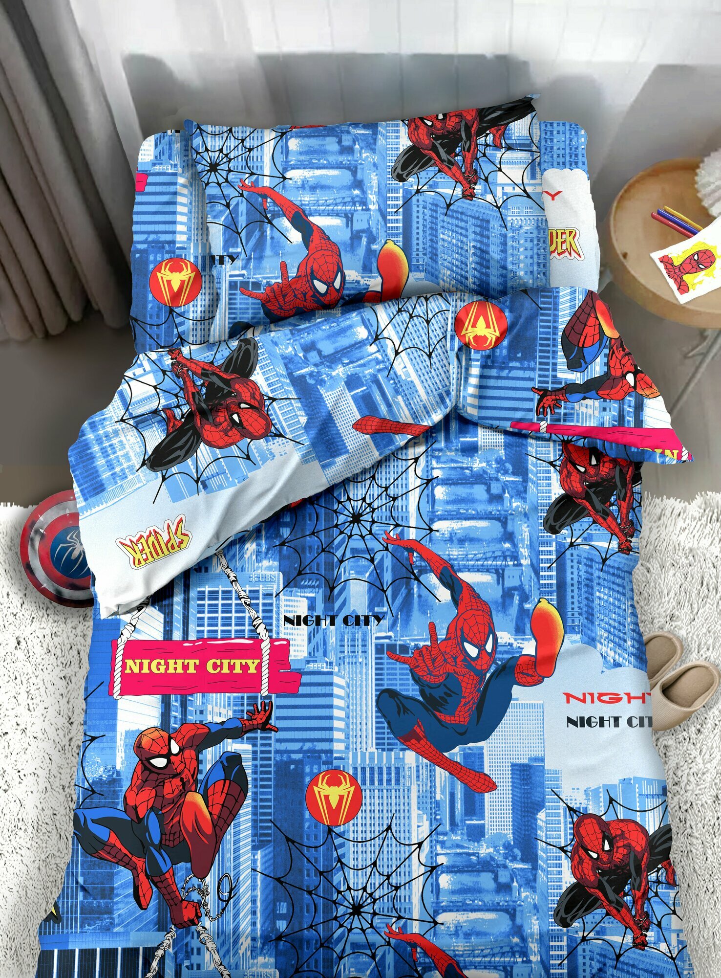 Постельное белье детское 1 5 спальное, Человек паук, хлопок, бязь, наволочка 70х70 см