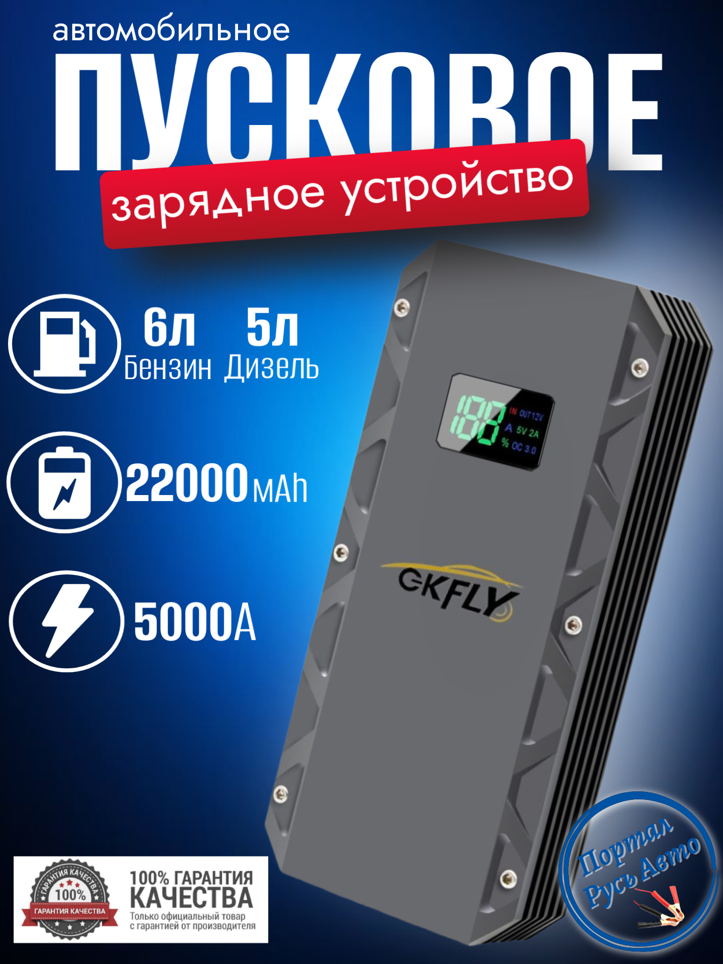 Автомобильное пусковое портативное устройство, бустер GKFLY 22000 мАч 5000A