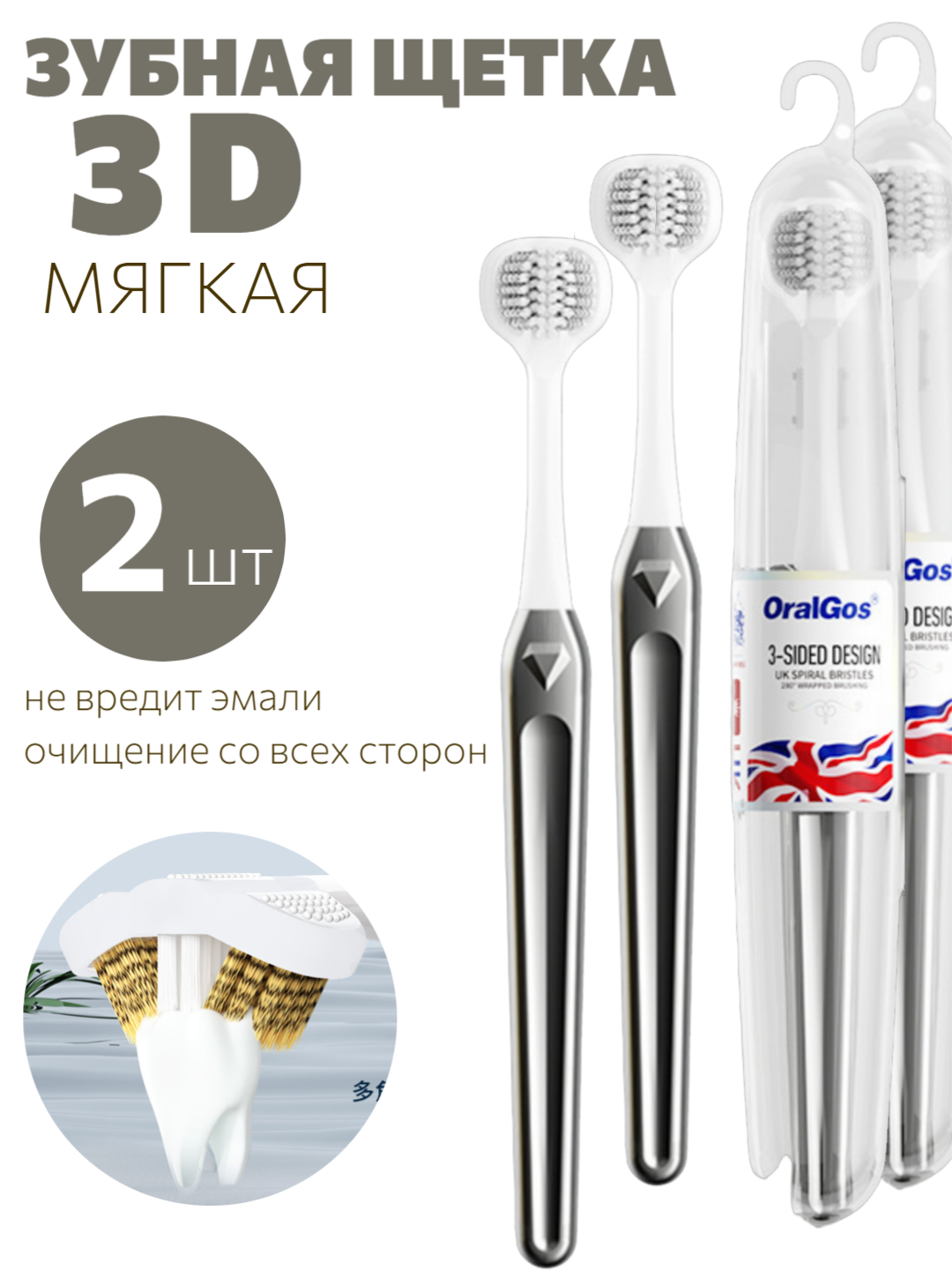 Зубная щетка 3 Д, трехсторонняя 3D, для бережной чистки зубов, брекетов, виниров, цвет серебро/серебро 2 штуки