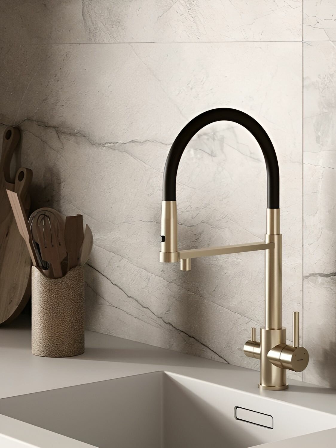 Смеситель для кухни Zen однорычажный с фильтром, с гибким изливом, золотой