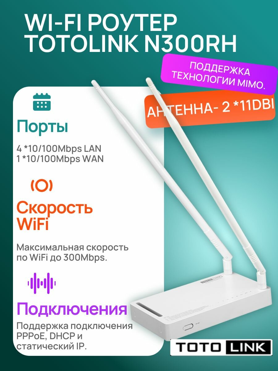Роутер TOTOLINK N300RH, стандарт Wi-Fi N, 300Mbps, 4LAN порта, белый