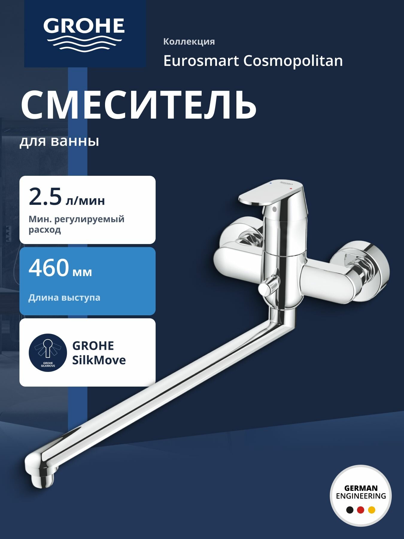Смеситель для ванны GROHE Eurosmart Cosmopolitan, длинный излив, хром (32847000)