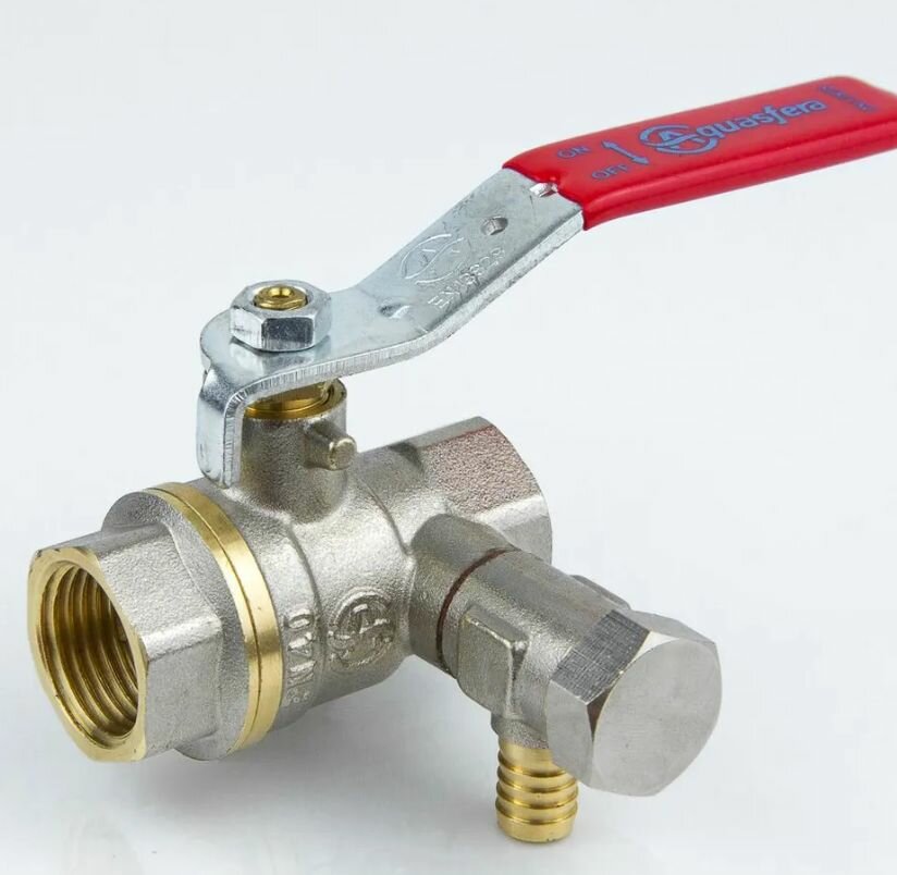 Кран шаровый латунный со спускником Ду-25 (1") Ру-30 ВР (ВН) никель полнопроходной рычаг Aquasfera