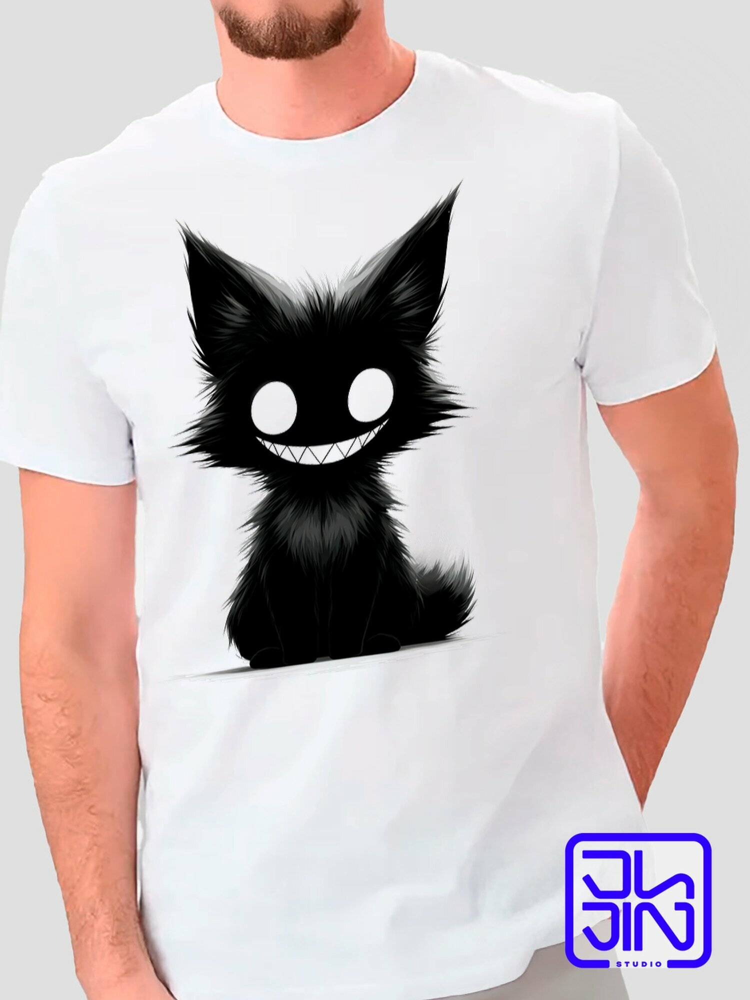 Футболка классическая мужская с авторским принтом Черно белая вызывающая кошка аниме, черная манга чеширский кот, белый хлопковый трикотаж с прикольным рисунком на груди