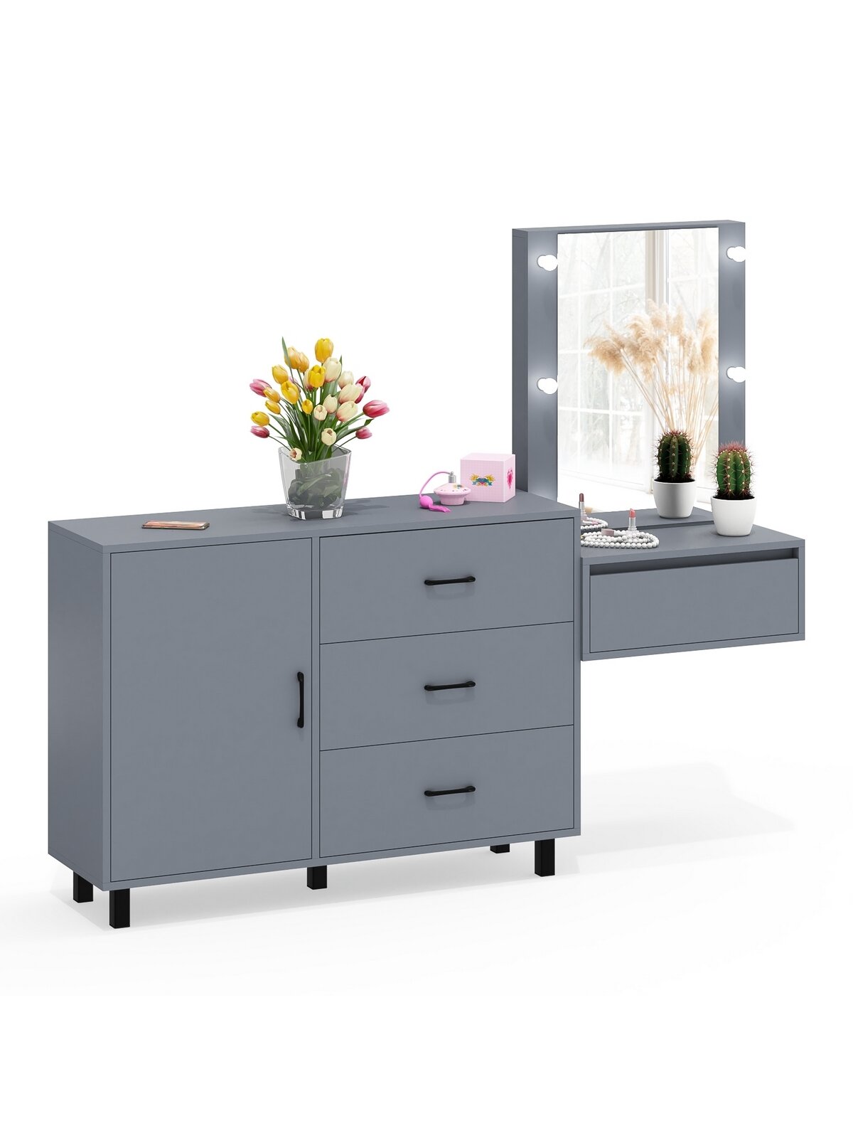 Комод с дверками и ящиками 122-1204 и косметический столик навесной с подсветкой, графит, 181,4х38,4х150 см.