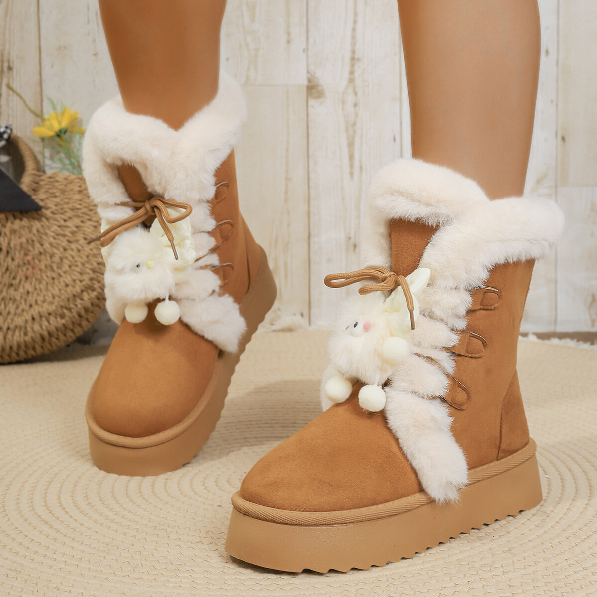 Женские зимние ботинки в стиле ретро на толстой подошве, осень-зима 2025 года, утолщенные, высокие, большого размера, с меховой отделкой, со шнуровкой, из хлопка