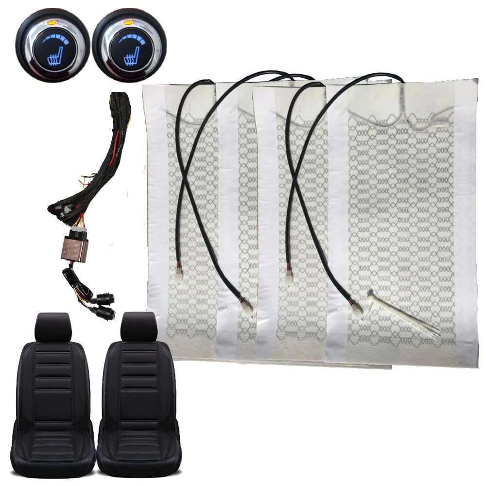 Универсальные автомобильные чехлы на 12 В, 2 сиденья, 4 подушечки, подогрев сидений из углеродного волокна, обогрев, 6-уровневый переключатель, зимняя грелка