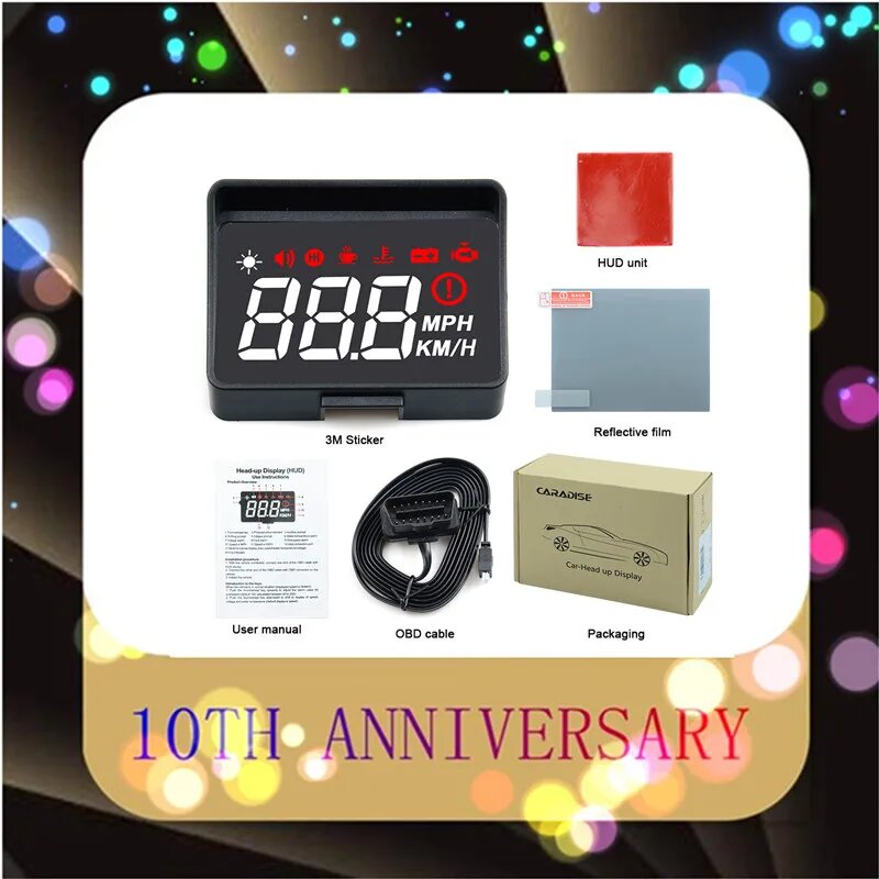 A100S с блендой объектива, проектор для лобового стекла OBD2 II EUOBD, автомобильный HUD, проекционный дисплей, система предупреждения о превышении скорости, сигнализация напряжения